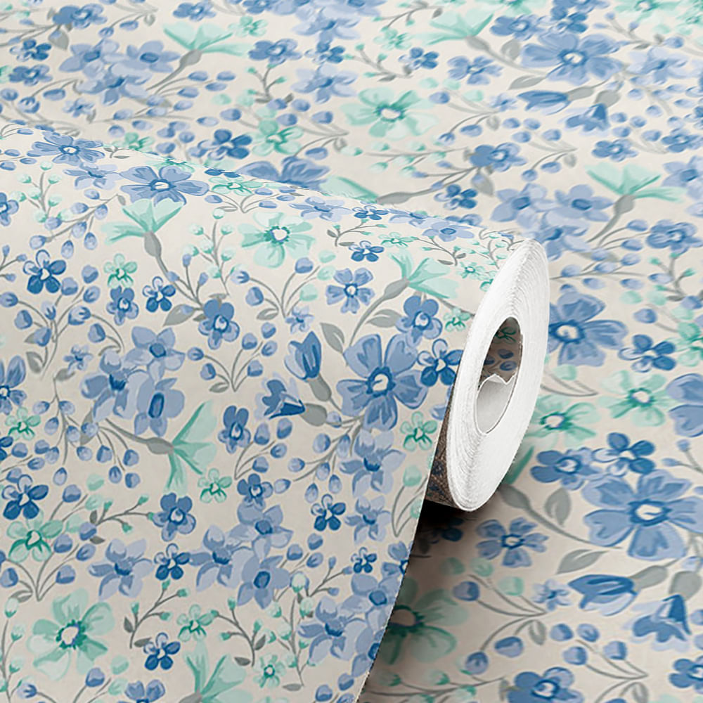 Papel De Parede Floral Rosa E Azul